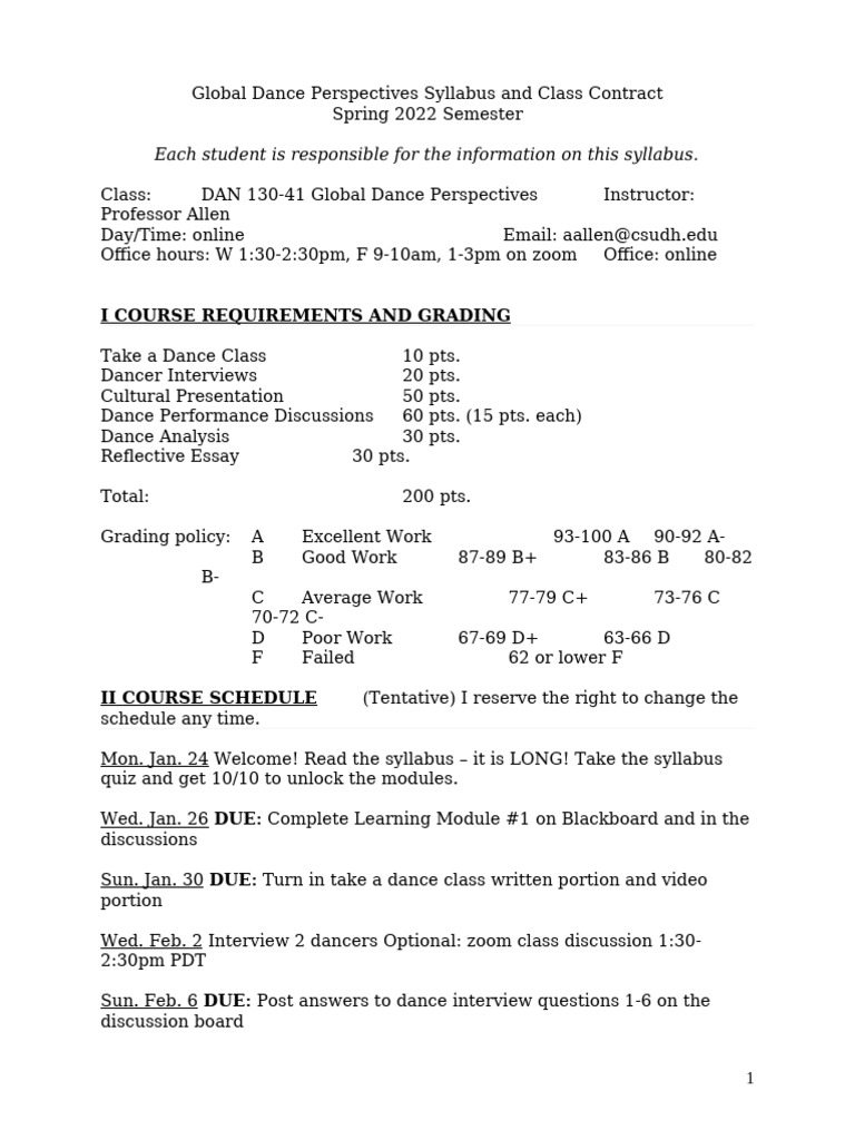 Global Dance Pespectives Syllabus Spring 2022 - Online | PDF ...
