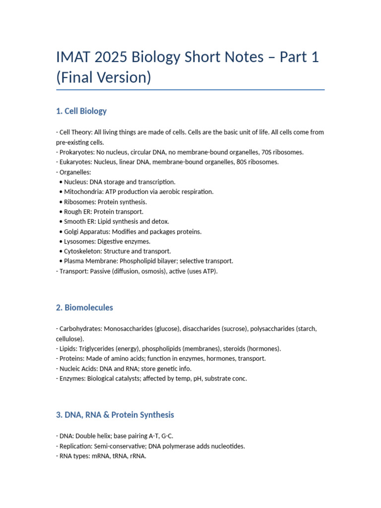 IMAT 2025 Biology Short Notes | PDF