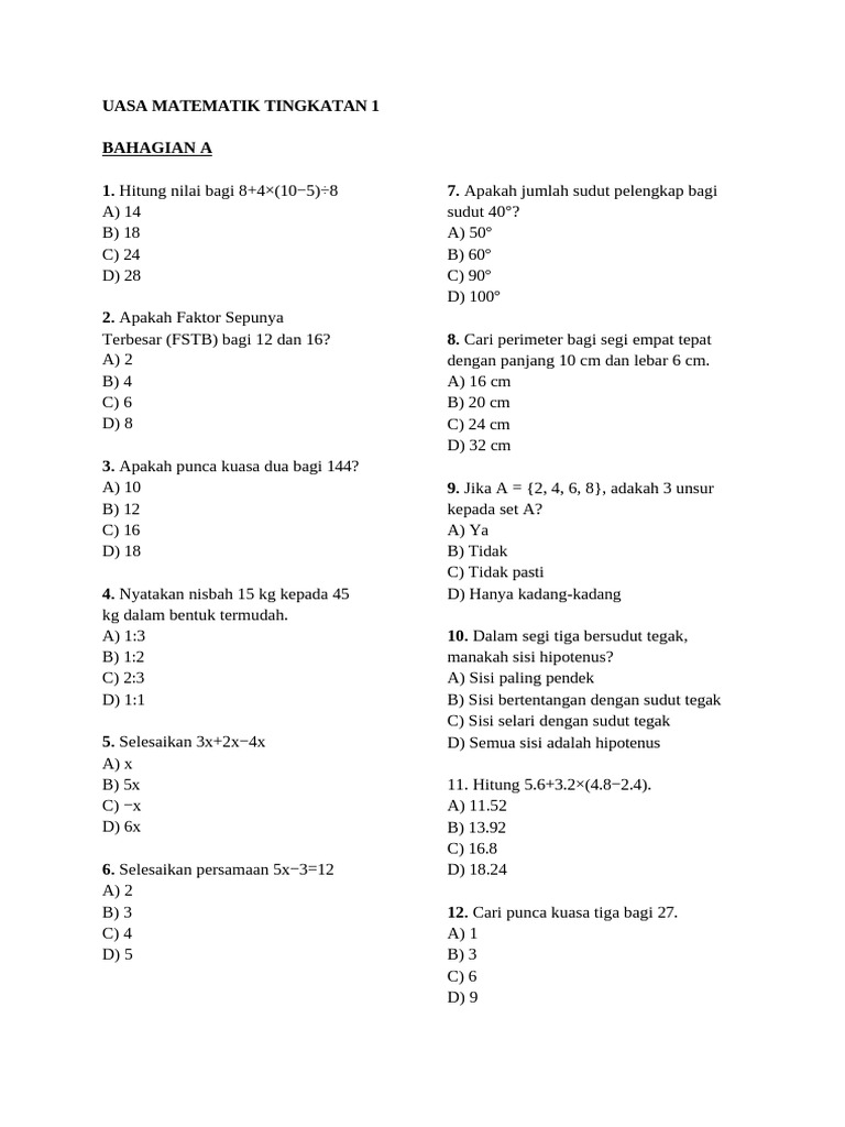 Uasa Math Ting 1521 | PDF