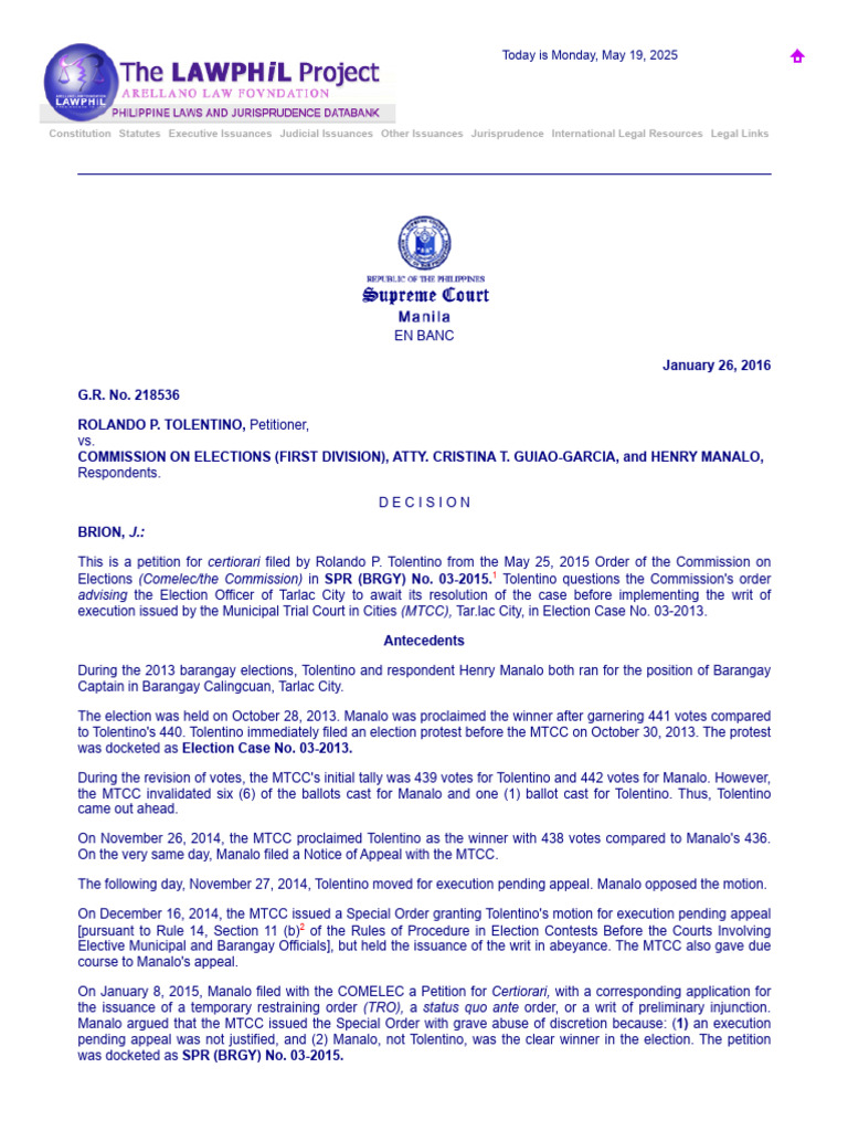 Tolentino vs. COMELEC, G.R. No. 218536, January 26, 2016 | PDF | Appeal | Injunction