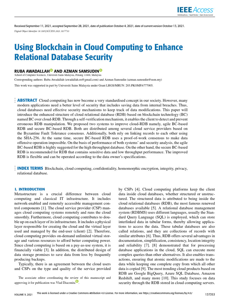 Using_Blockchain_in_Cloud_Computing_to_Enhance_Relational_Database_Security | PDF | Relational ...
