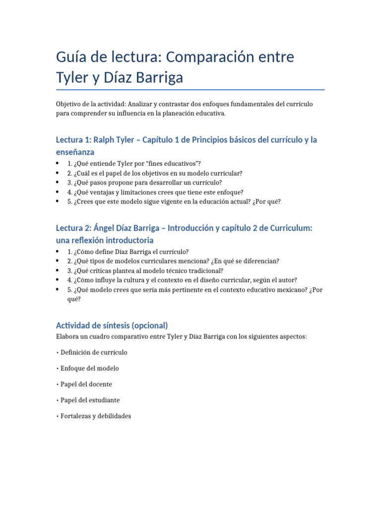 Guia Lectura Tyler Diaz Barriga | PDF