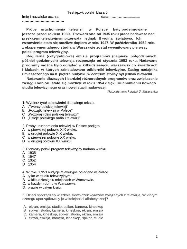 Czytanie Ze Zrozumieniem Klasa 6 - Telewizja | PDF