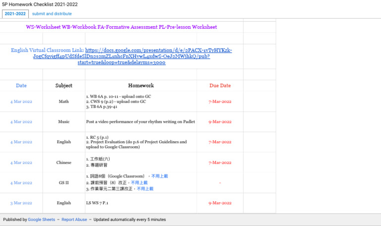 5P Homework Checklist 2021-2022 - Google Drive 6 | PDF