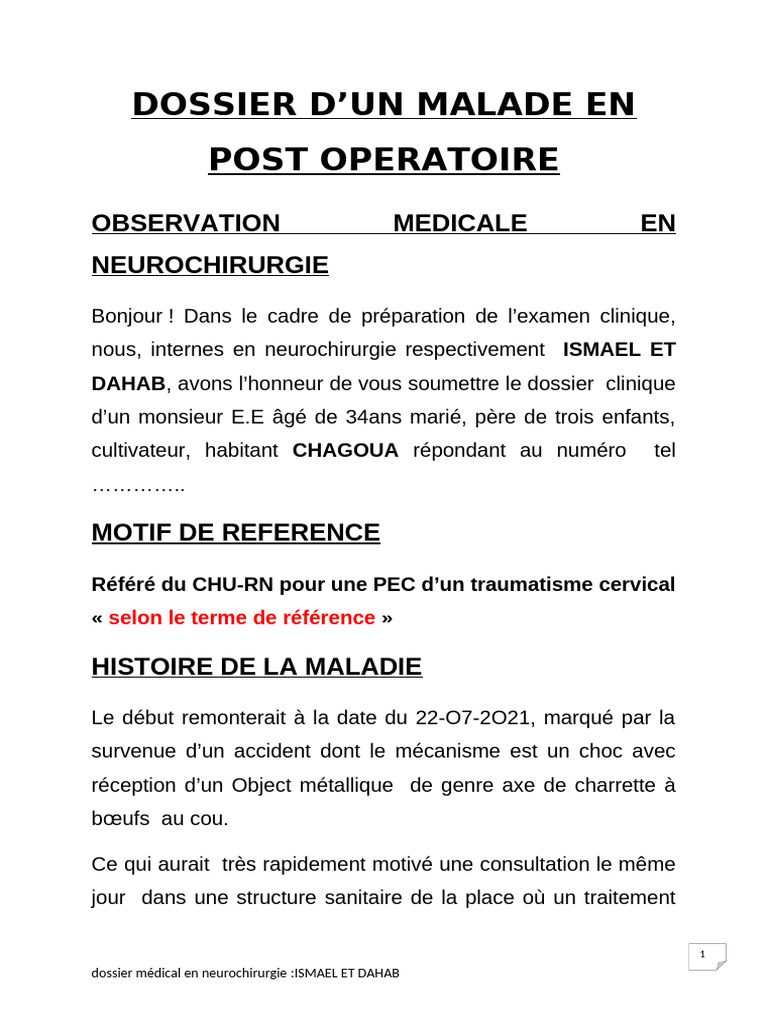 Dossier médical post-opératoire en neurochirurgie | PDF | Maladies et ...