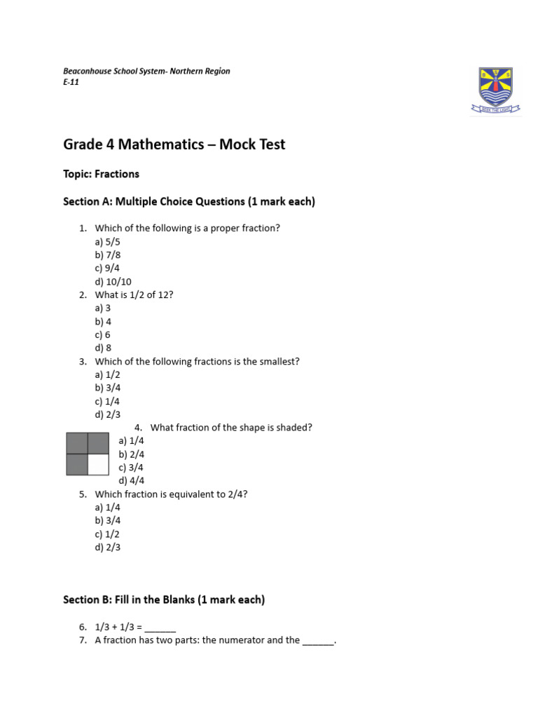 Grade 4 Math Mock Test: Fractions & Shapes | PDF