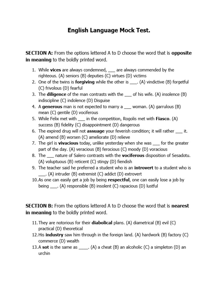 English Language Mock Test Questions | PDF | Public Law
