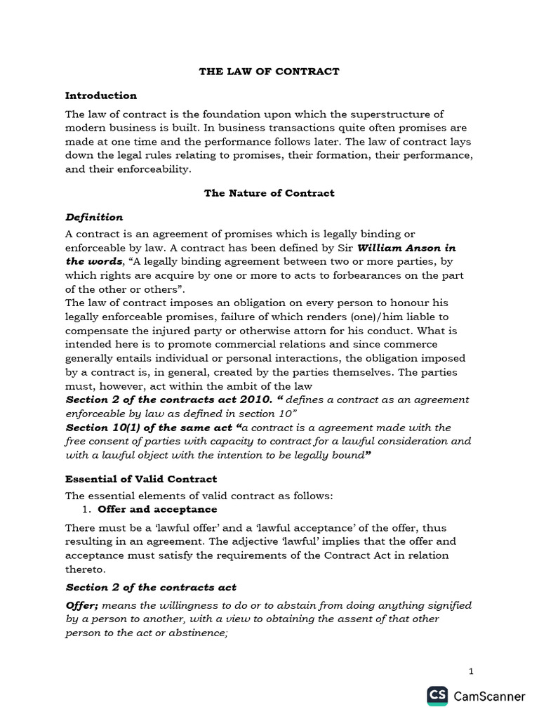 Law of Contract(1) | PDF | Offer And Acceptance | Consideration