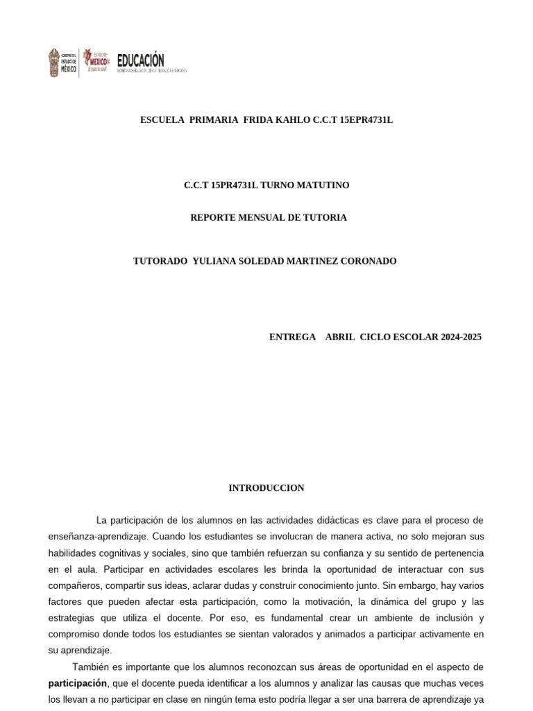 ESCUELA PRIMARIA FRIDA KAHLO Tutoria Yuli Marzo | PDF | Maestros ...