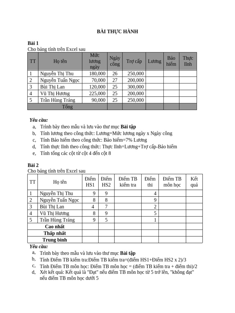 Bai Tap Thuc Hanh Excel Co Ban | PDF
