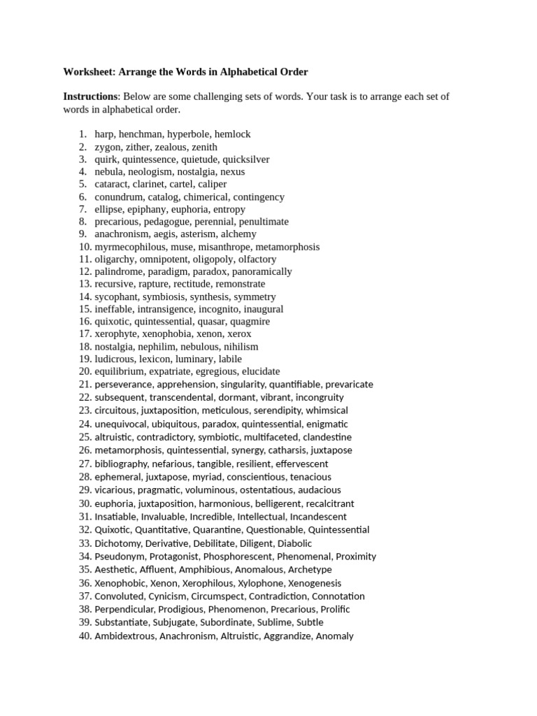 Work Sheet For Arrange The Following Words | PDF