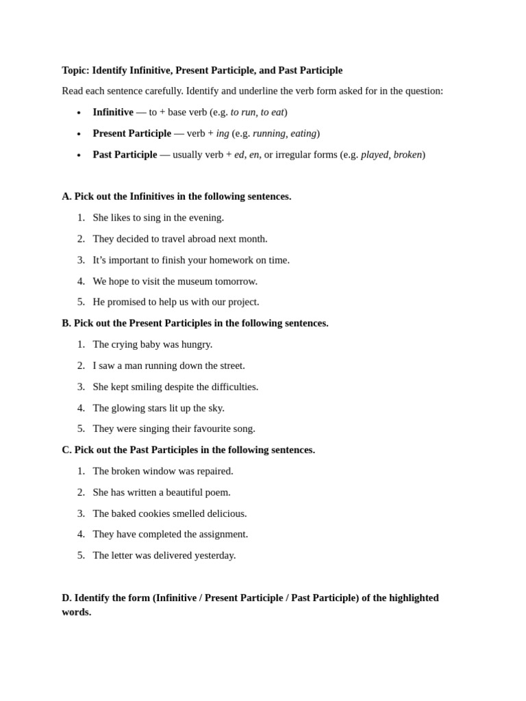WORK SHEET FOR IDENTIFY INFINITIVE PRESENT PARTICIPLE PAST PARTICIPLE ...