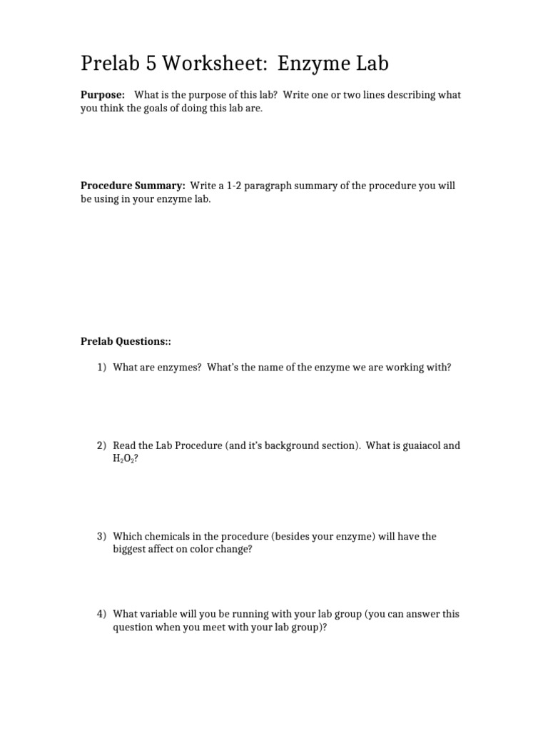 Prelab 5 Worksheet (Enzyme Lab) 2024 | PDF