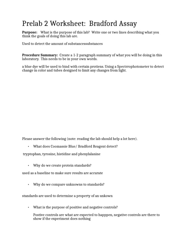 Prelab 2 Bradford Assay Answers | PDF