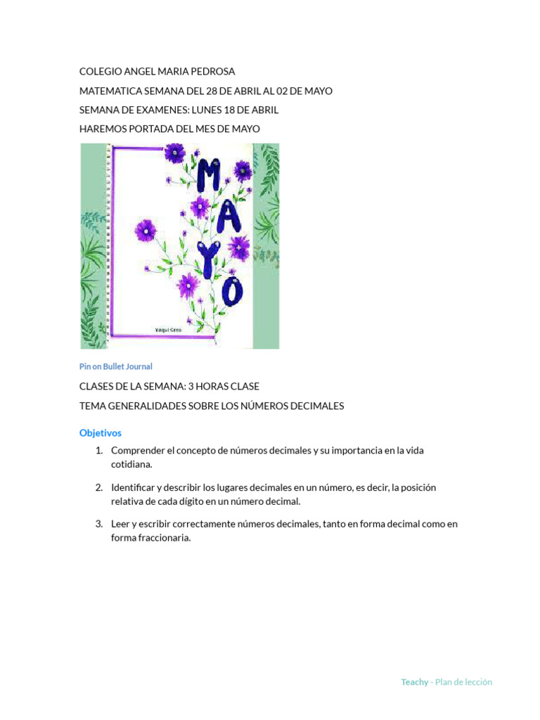 MATEMATICA 28 AL 2 DE MAYO Introduccion A Los Numeros Decimales en La ...