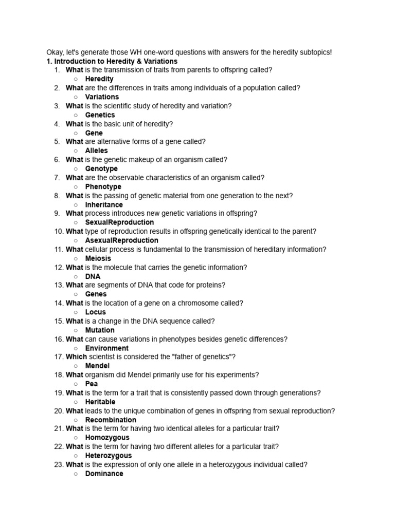 TOPIC-SUBTOPIC-Heredity-Introduction To Heredity &... | PDF | Dominance (Genetics) | Genetics
