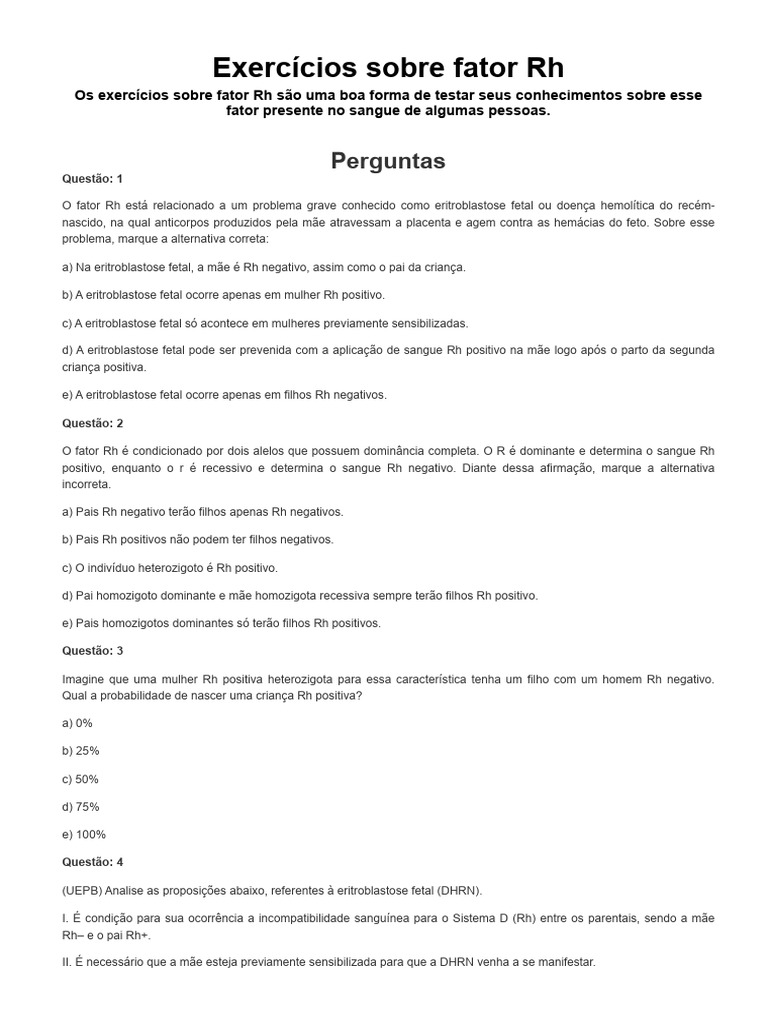 Exercícios Sobre Fator RH - Brasil Escola | PDF | Serologia | Hematologia