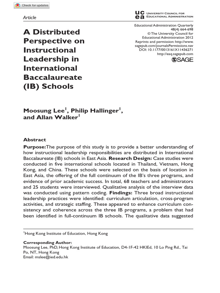 Lee Et Al 2012 A Distributed Perspective On Instructional Leadership in International ...