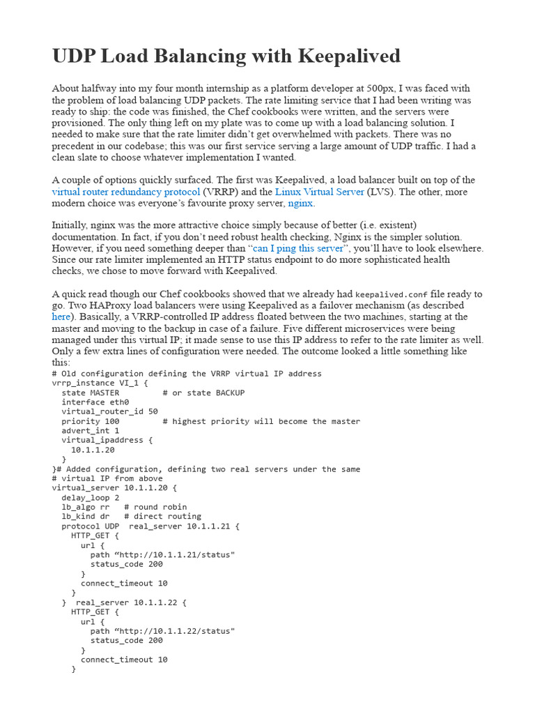 Udp Load Balancing With Keepalived Pdf Load Balancing Computing