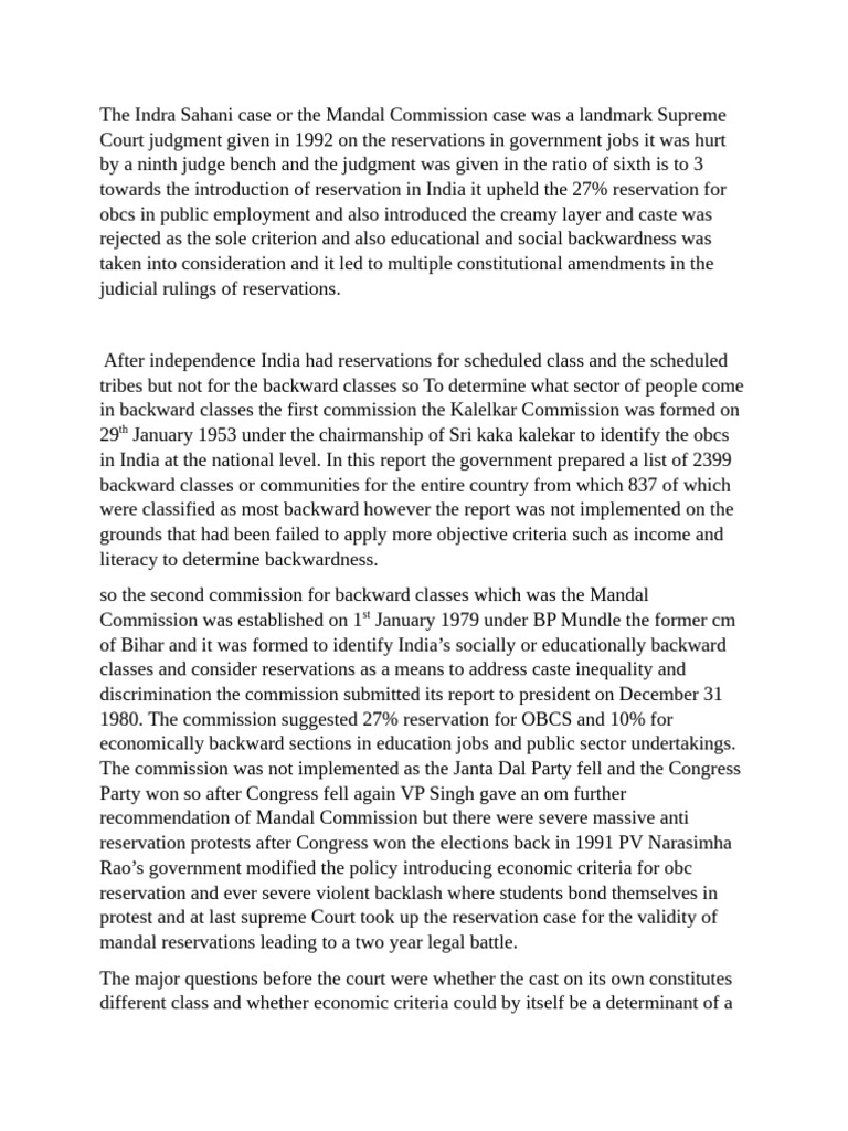 The Indra Sahani case or the Mandal Commission case was a landmark ...