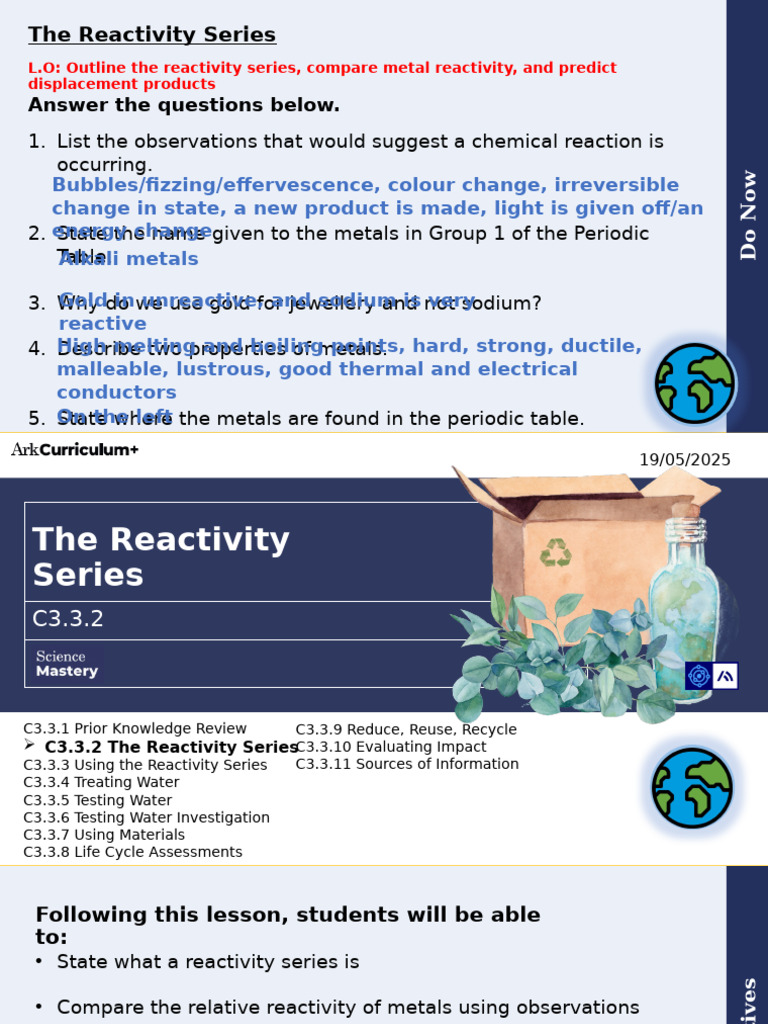 The Reactivity Series Science PPT Chemistry | PDF | Magnesium | Silver