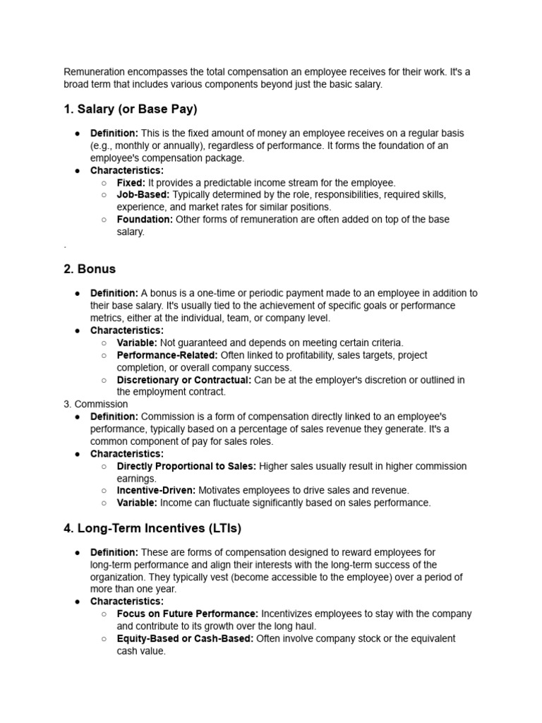 Remuneration - Salary, Bonus, - Commission, Long T... | PDF | Employee ...