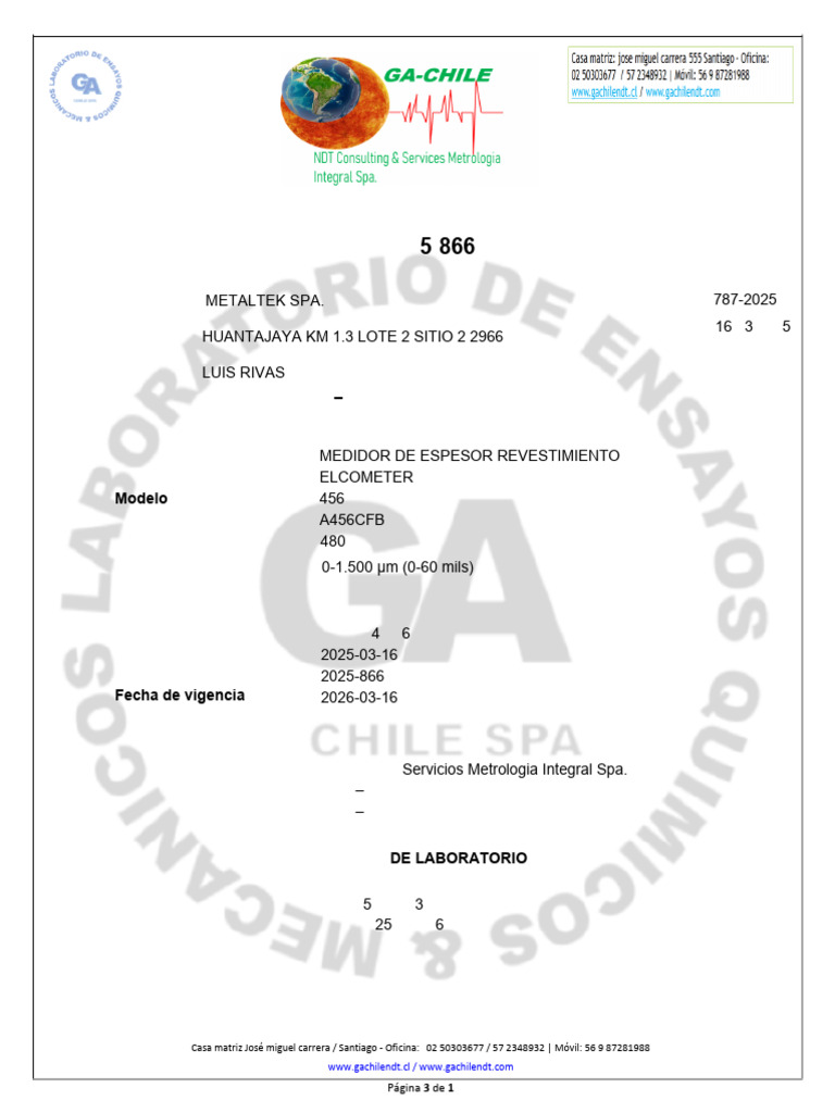 Calibración de MEDIDOR DE ESPESOR REVESTIMIENTO N° 2025-866 | PDF | Calibración | Metrología
