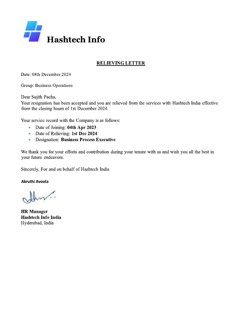 Sujithpacha Relieving Letter Hashtechinfo | PDF