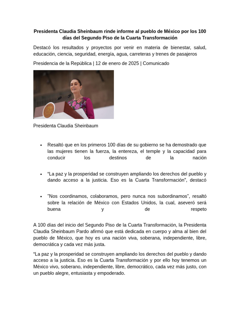 Presidenta Claudia Sheinbaum Rinde Informe Al Pueblo de México Por Los 100 Días Del Segundo Piso ...