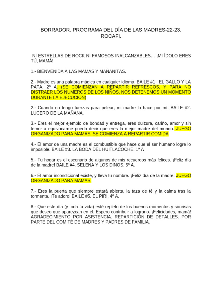 Borrador Programa Del Dia de Las Madres | PDF
