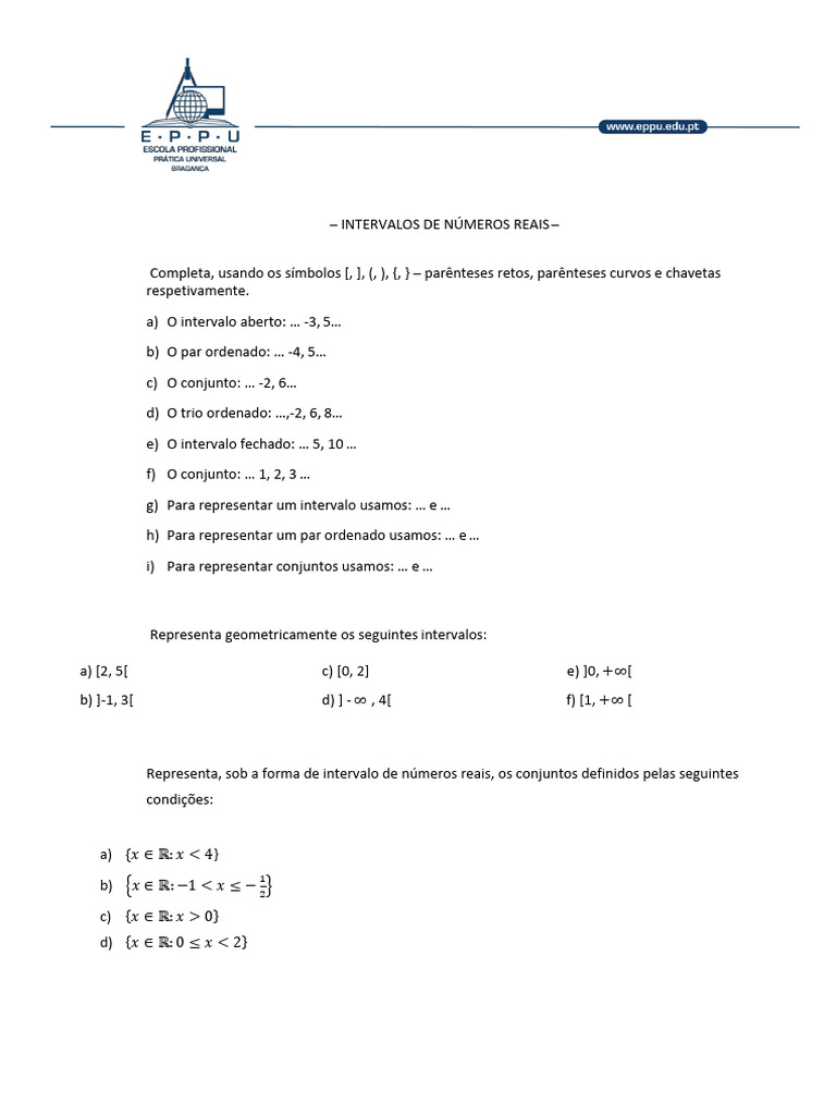 2.1. Intervalos de Numeros Reais - Exercícios | PDF