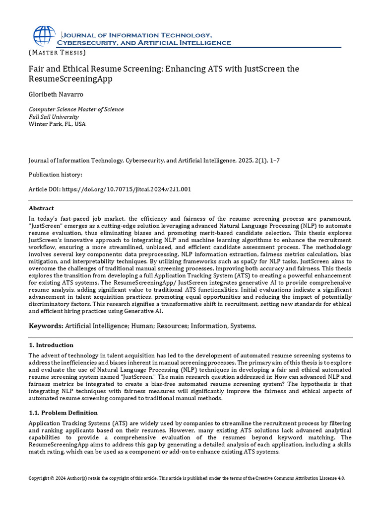 Fair and Ethical Resume Screening Enhancing ATS With JustScreen The ResumeScreeningApp | PDF ...