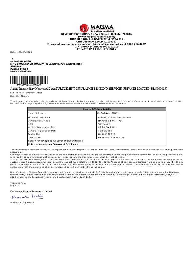 Magma General Insurance Risk Assumption Letter | PDF | Insurance ...