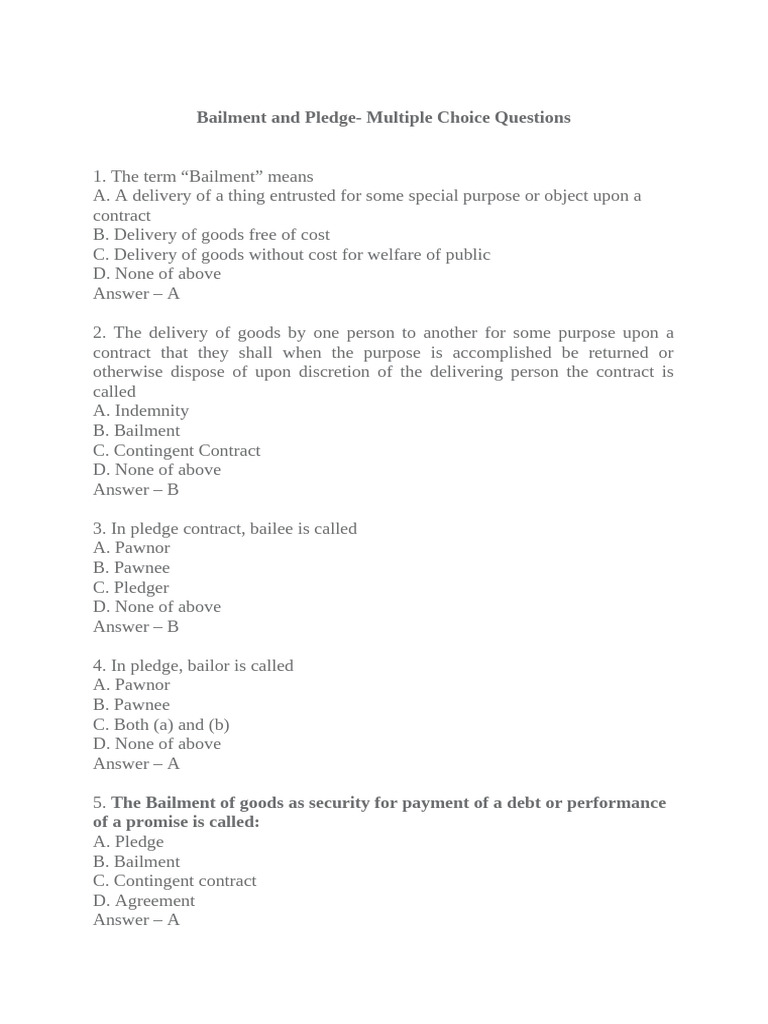 Bailment and Pledge MCQs Overview | PDF | Indemnity | Void (Law)