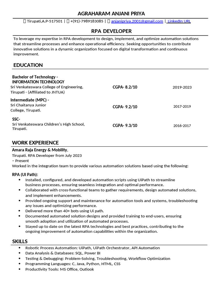 Anjani Priya Agraharam Resume | PDF | Fluency | Microsoft Outlook