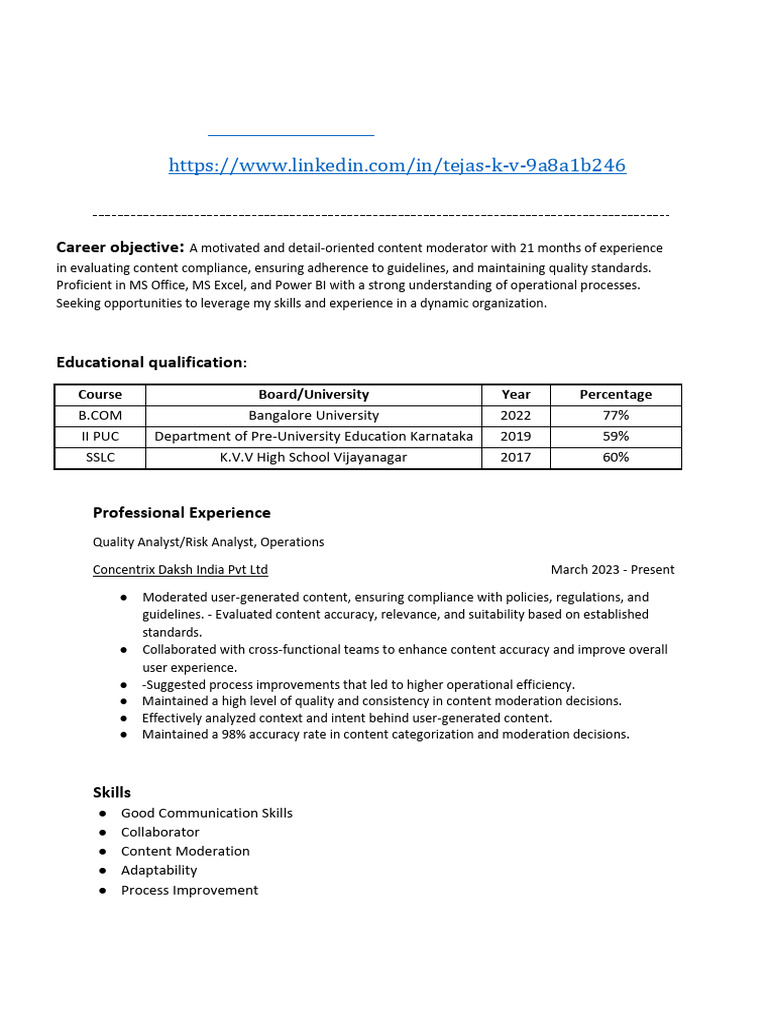 TEJAS K V Quality Analyst | PDF | Cognition | Human Communication