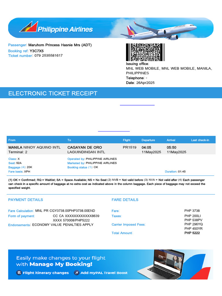 Electronic Ticket Receipt 11MAY For PRINCESS HASNIE MARUHOM | PDF