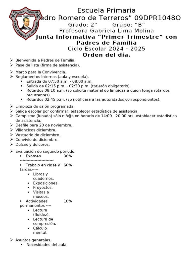 2b_orden Del Día Primer Trimestre 2024-2025 | PDF