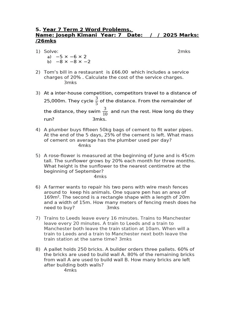 Year 7 Term 2 Word Problems | PDF