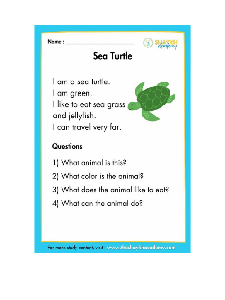 Beginner Reading Comprehension Sea Turtle | PDF