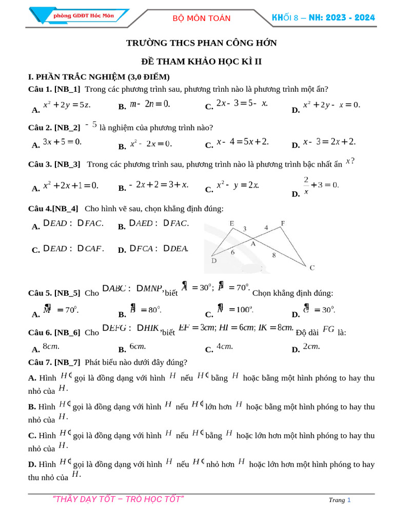 De Tham Khao HKII - Toan 8 - Truong THCS Phan Công H N NH 23 24 - Như Ý L C | PDF