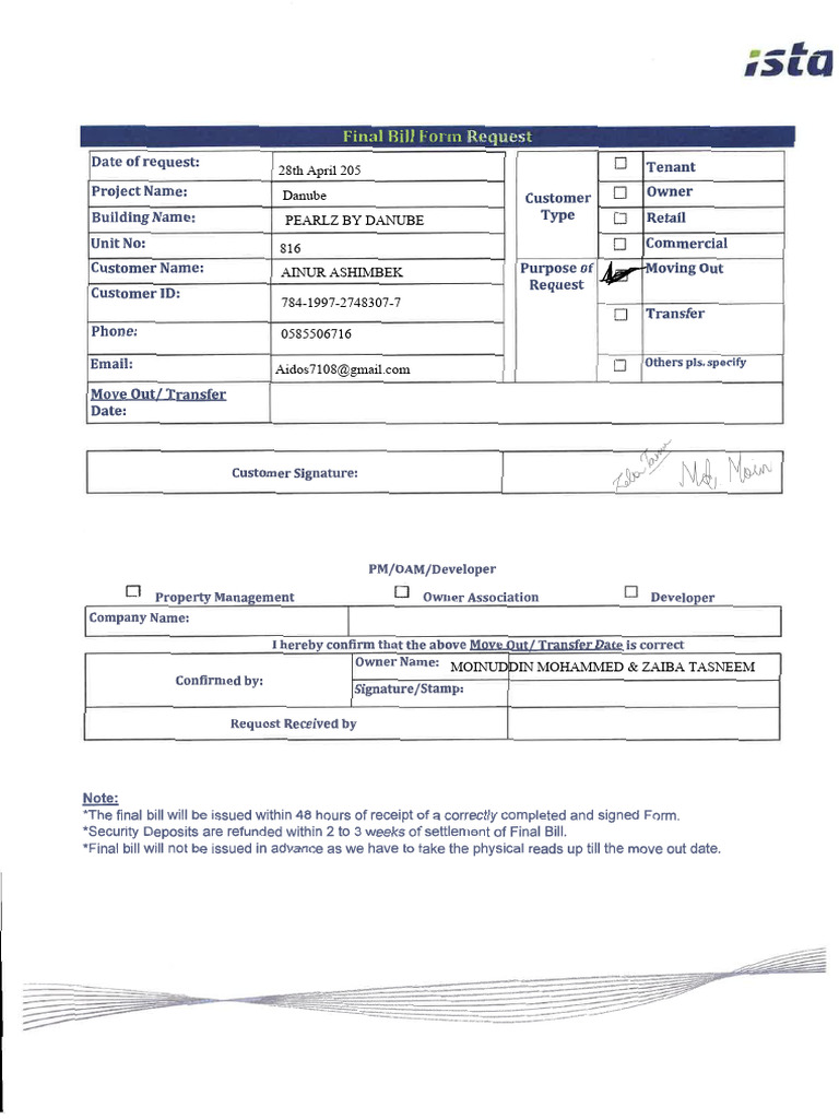 ISTA Final Bill Form | PDF