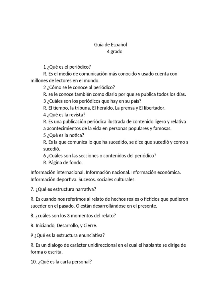 Guía de Español 4 Grado | PDF
