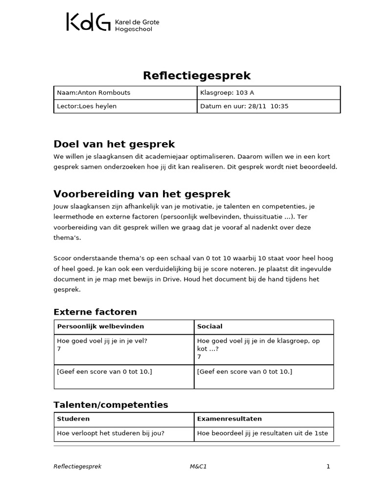 Kopie Van Voorbereiding Reflectiegesprek | PDF