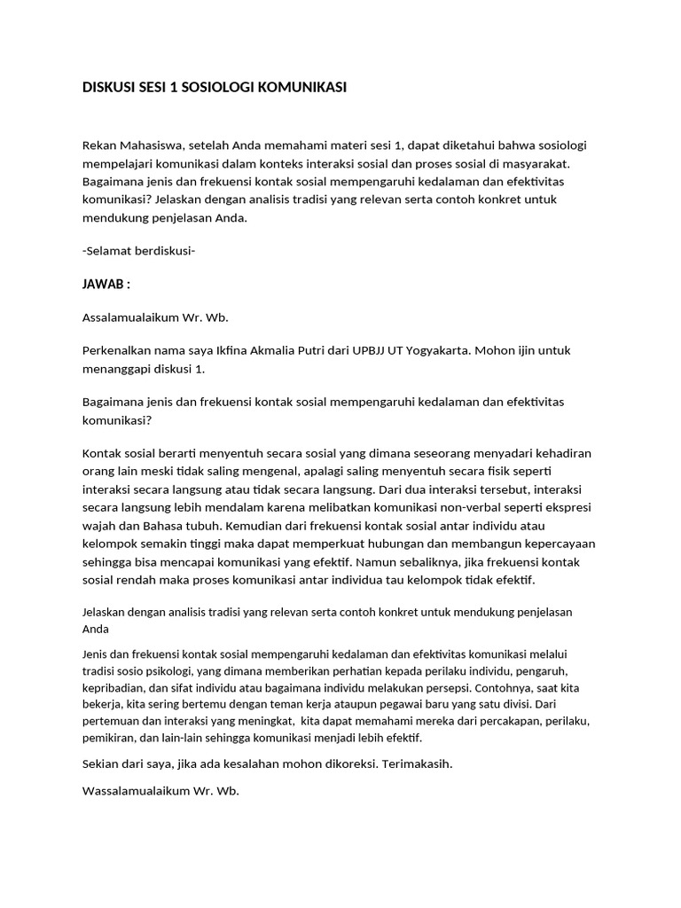 Diskusi Sesi 1 Sosiologi Komunikasi | PDF