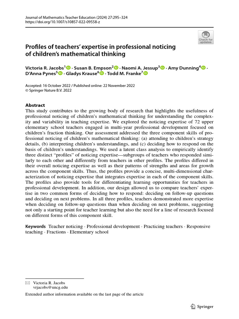 Profiles of Teachers' Expertise in Professional Noticing of Children's ...