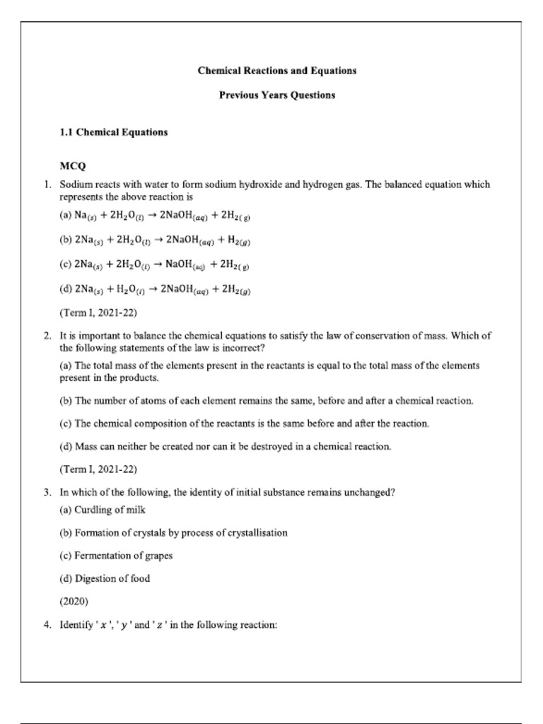 Chap-1 PYQs Chemical Reactions and Equations | PDF