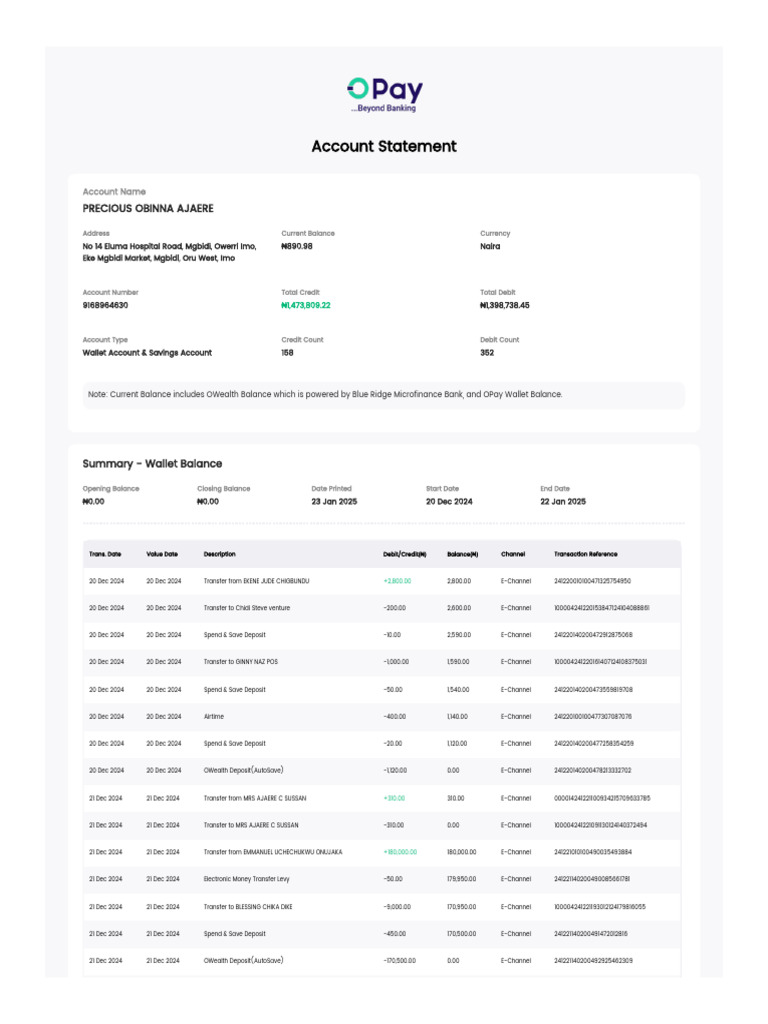 Account Statement for Precious Ajaere | PDF | Debit Card | Financial ...