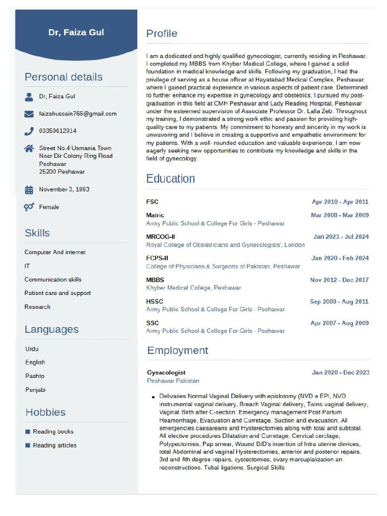 DR FAiza Gul CV | PDF