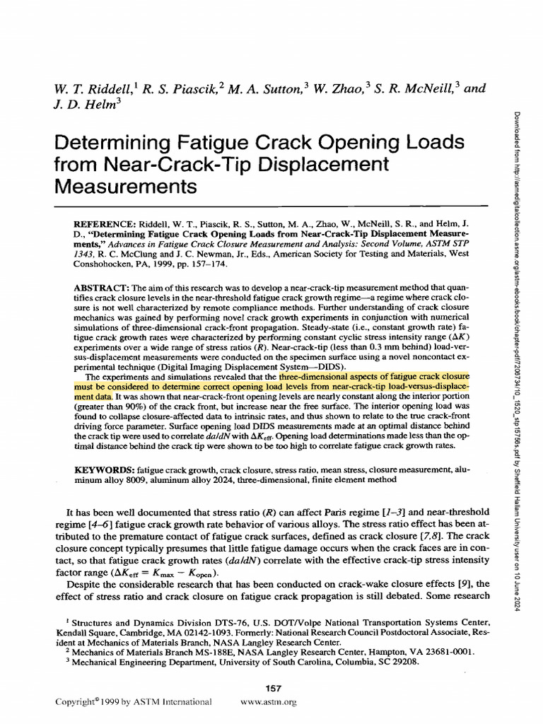 Determining Fatigue Crack Opening Loads From Near-Crack-Tip ...